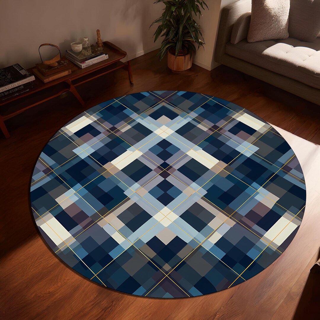 Round Blue Plaid Area Rug, Modern Geometric Printed Design Carpet ...