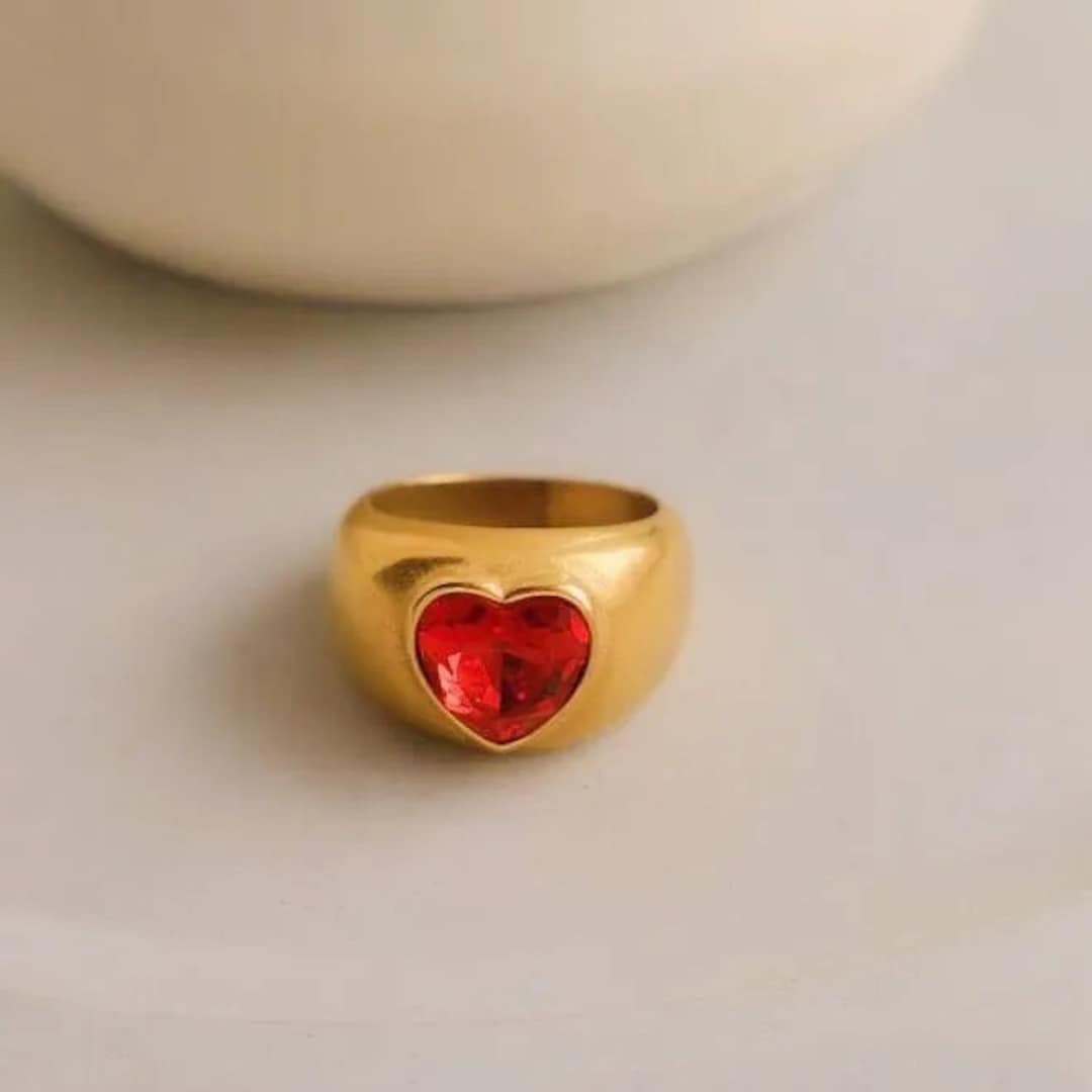Ruby Red Heart Ring Cubic Zirconia, Waterproof 18K Gold Plated Ring Women's Gold Ring Gifts for ...