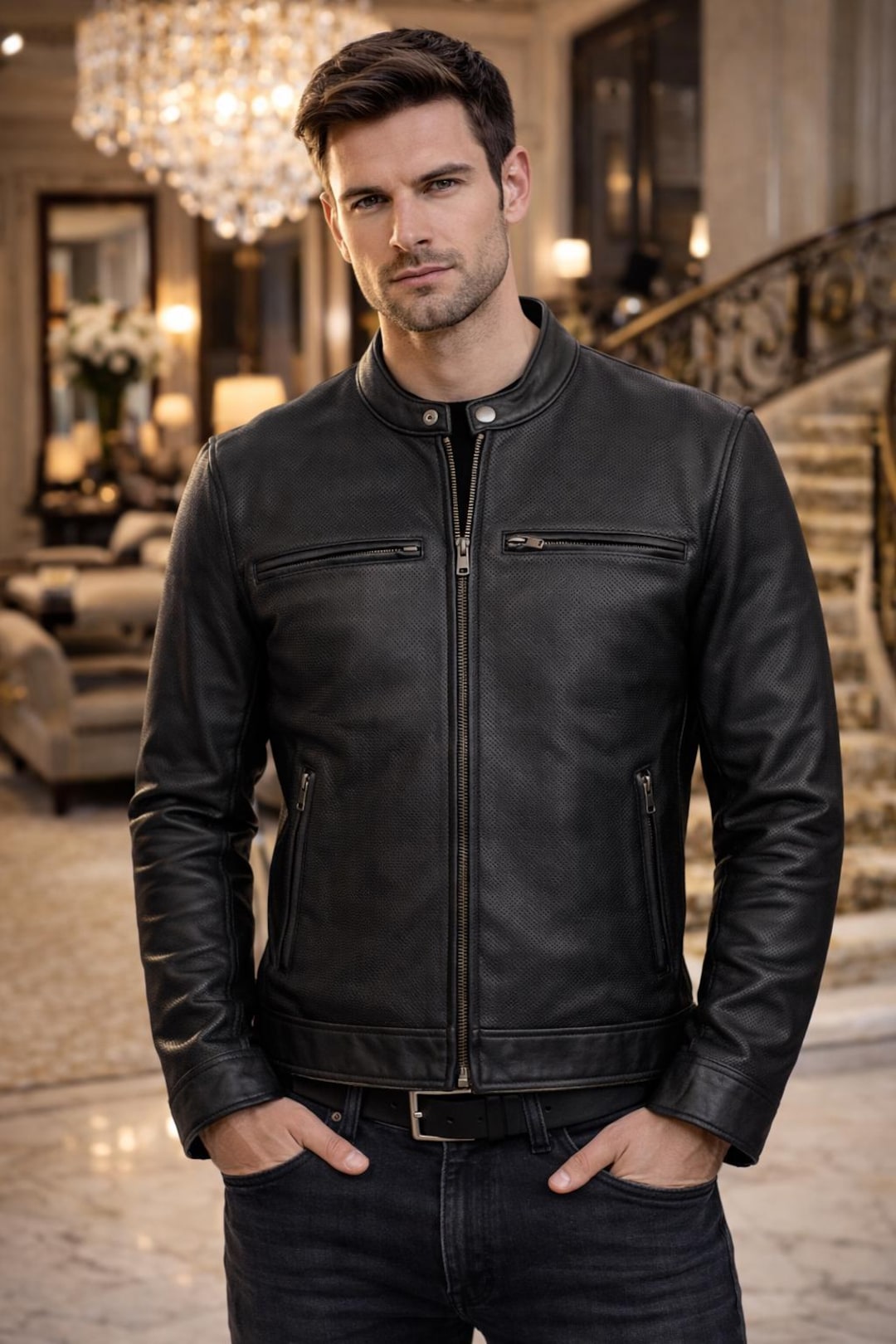 Mens Black Leather Jacket Slim Fit Cafe Racer Style Modern Biker Jacket ...