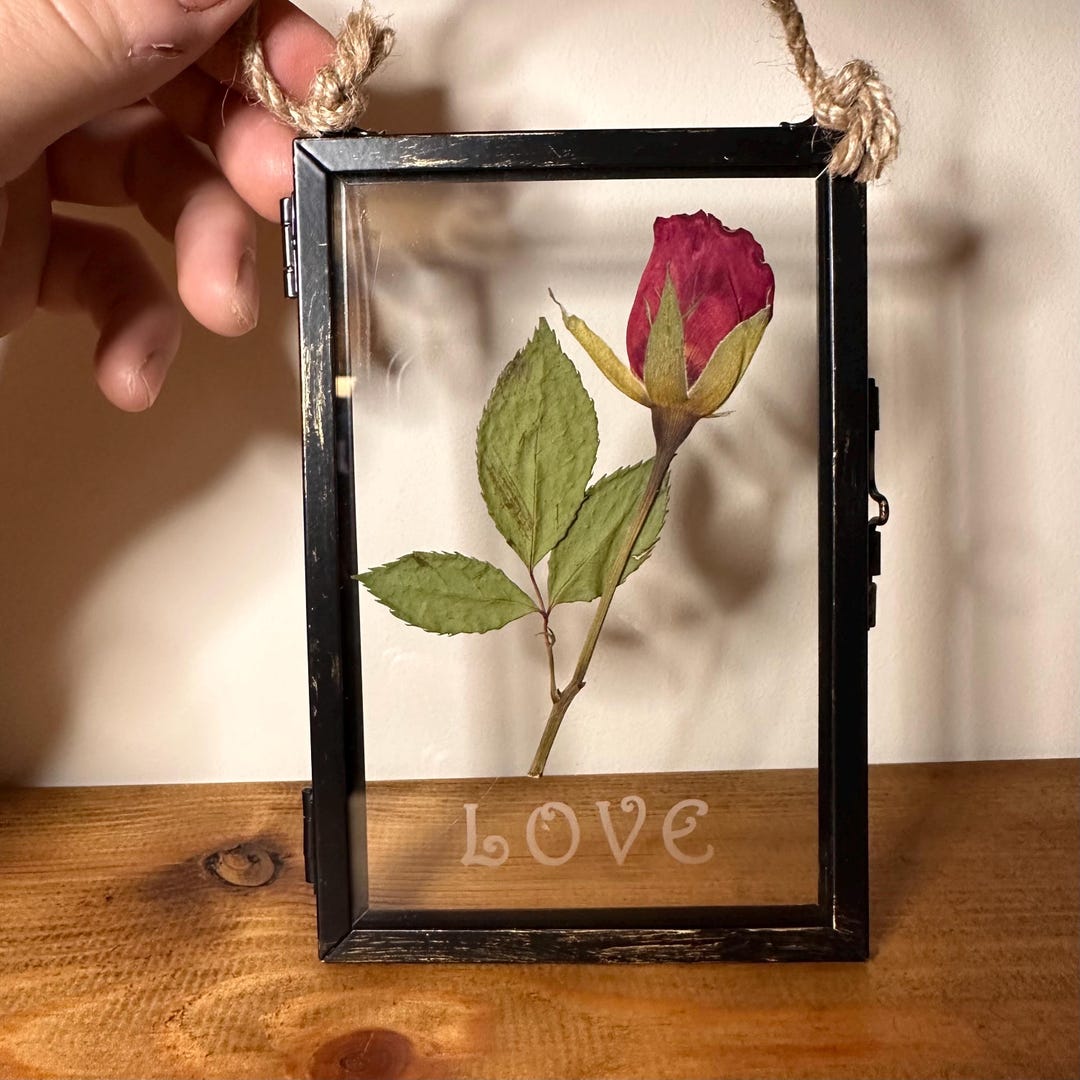 Pressed Red Rose Frame, Real Dried Flower Art, LOVE Etched Glass Frame ...