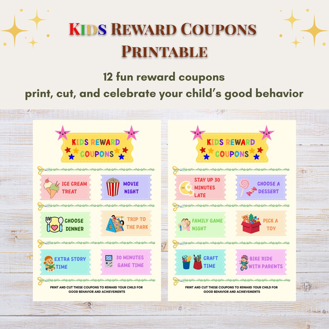 Kids Reward Coupons Printable | 12 Fun Behavior Tickets (PDF Download ...