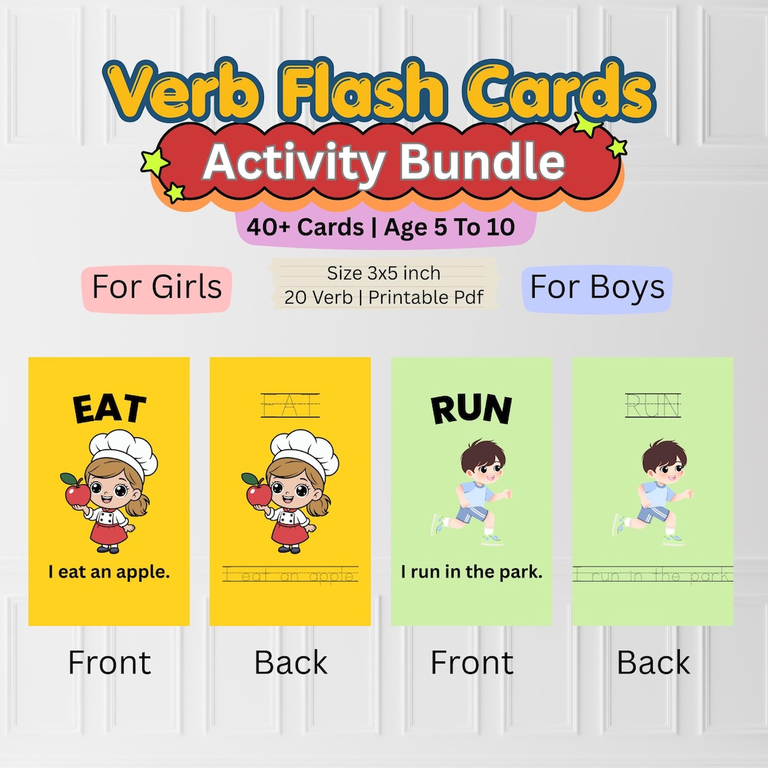 Verb Flash Cards for Kids Ages 5-10 – Learning Activity Bundle (PDF) - Etsy