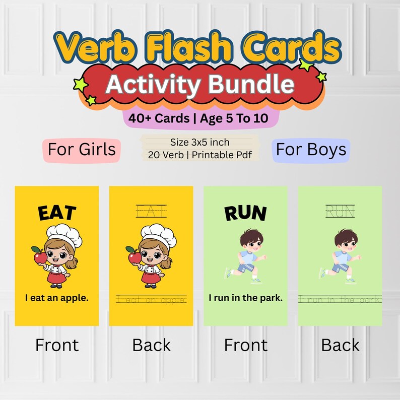 Verb Flash Cards for Kids Ages 5-10 – Learning Activity Bundle (PDF) - Etsy