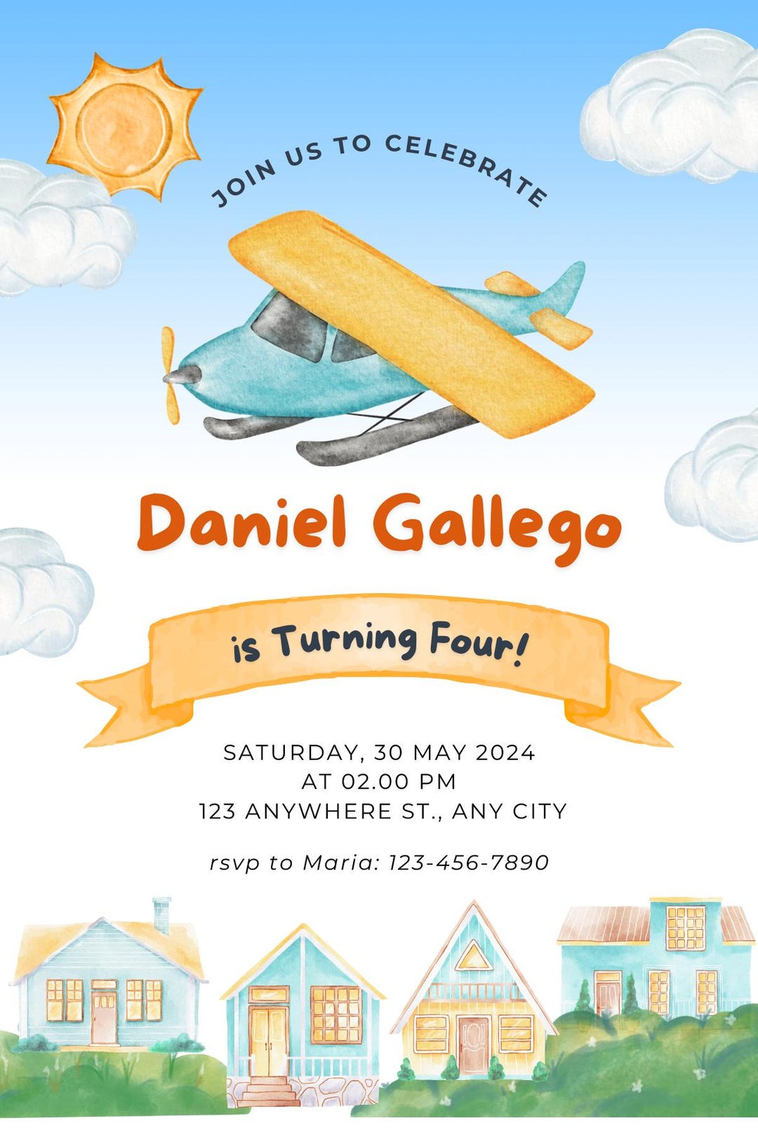 Airplane Birthday Invitation/editable Canva Template/ Watercolor Plane ...