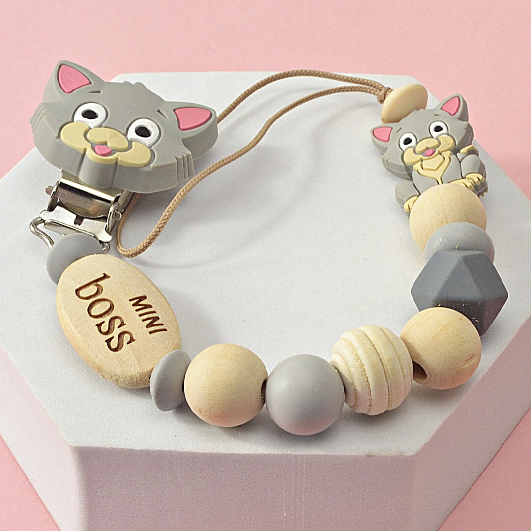 Personalized Cat Pacifier Clip – Beech Wood & Silicone, Funny Quote ...