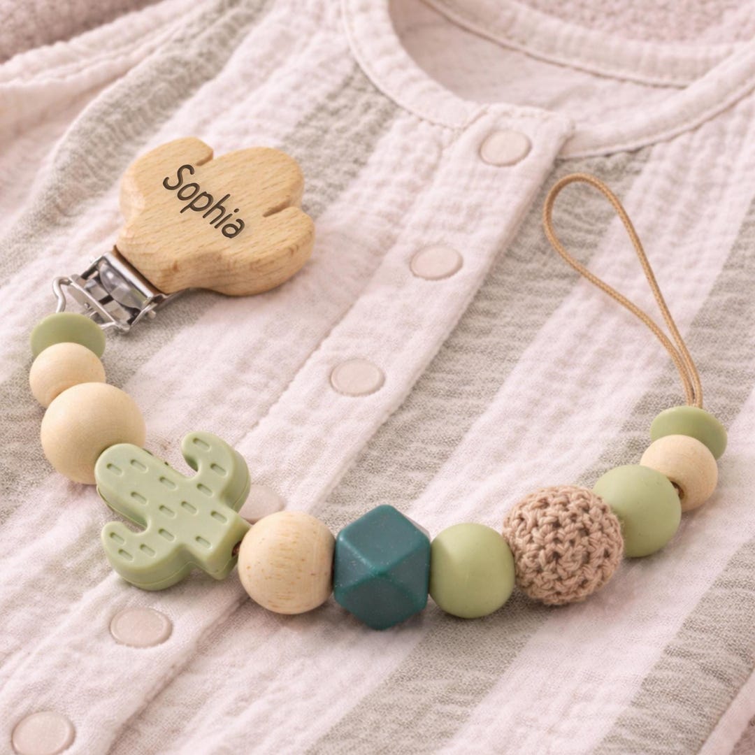 Personalized Cactus Pacifier Clip – Beech Wood & Silicone Beads - Etsy