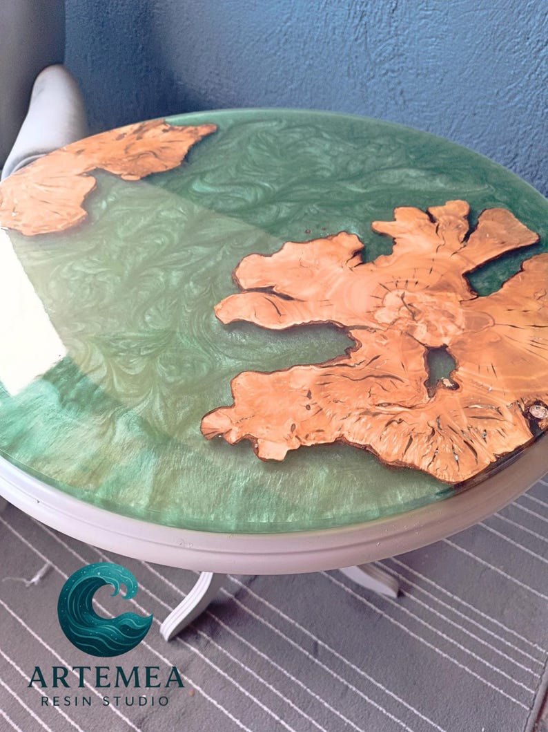 Handmade Olive Wood Resin Side Table – Round Coffee Table, Modern ...