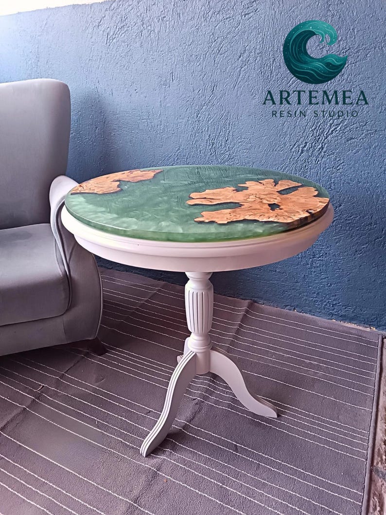 Handmade Olive Wood Resin Side Table – Round Coffee Table, Modern ...