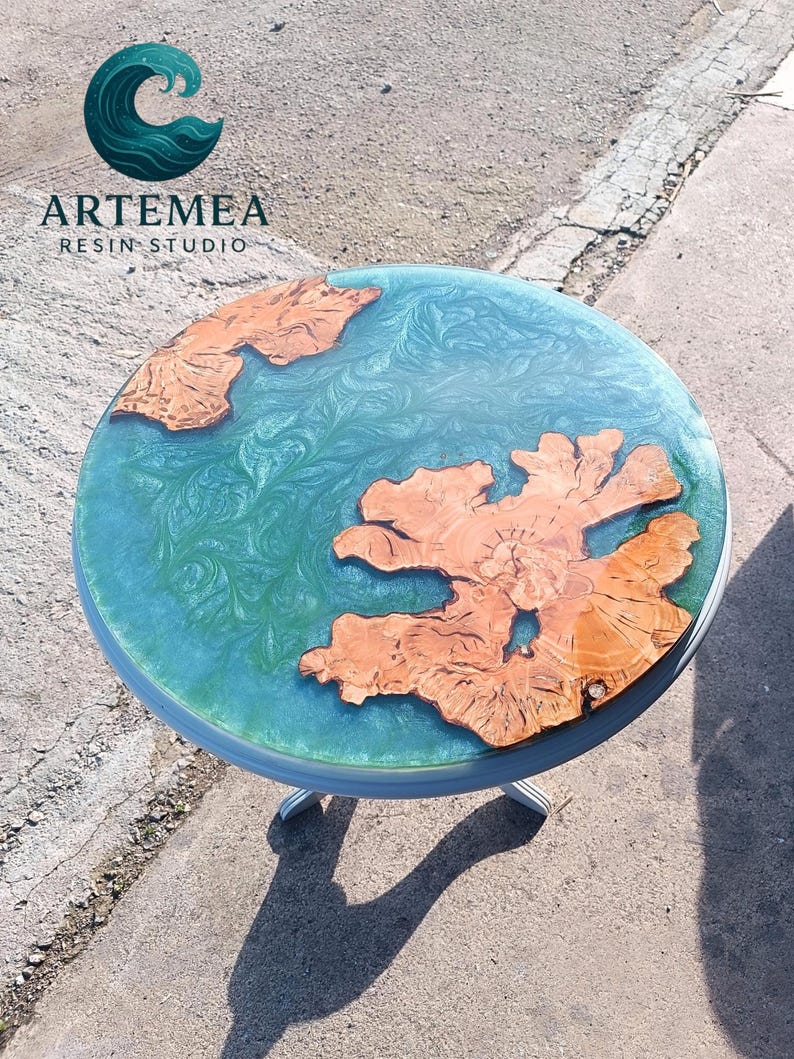 Handmade Olive Wood Resin Side Table – Round Coffee Table, Modern ...