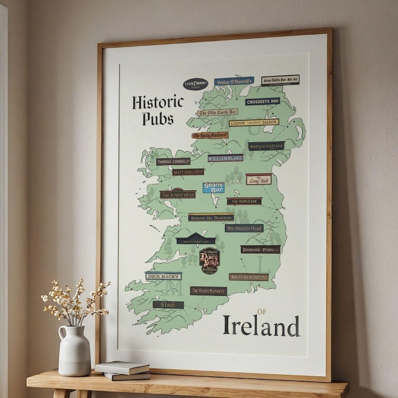 Historic Pubs of Ireland Map | Vintage Irish Pub Wall Art | Home Bar ...