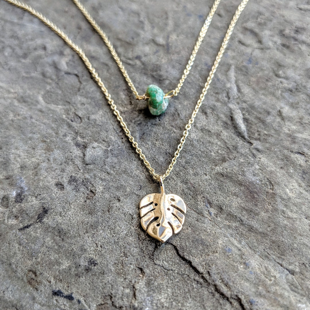Monstera Leaf Necklace Set in Gold With Raw Emerald - Monstera Plant ...