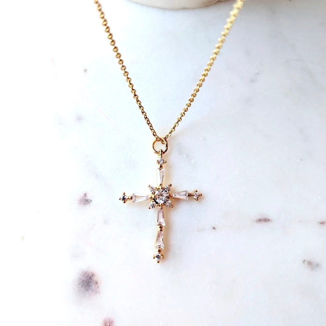 Vintage Style Cross Necklace / Baguette Stones Inlay / Gold Cross ...