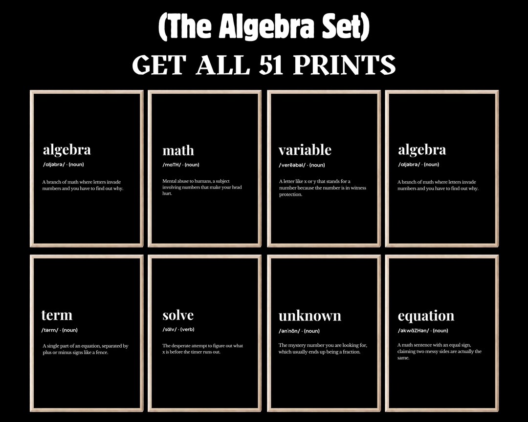 Funny Algebra Definition Print Set, Math Teacher Gift, Algebra ...