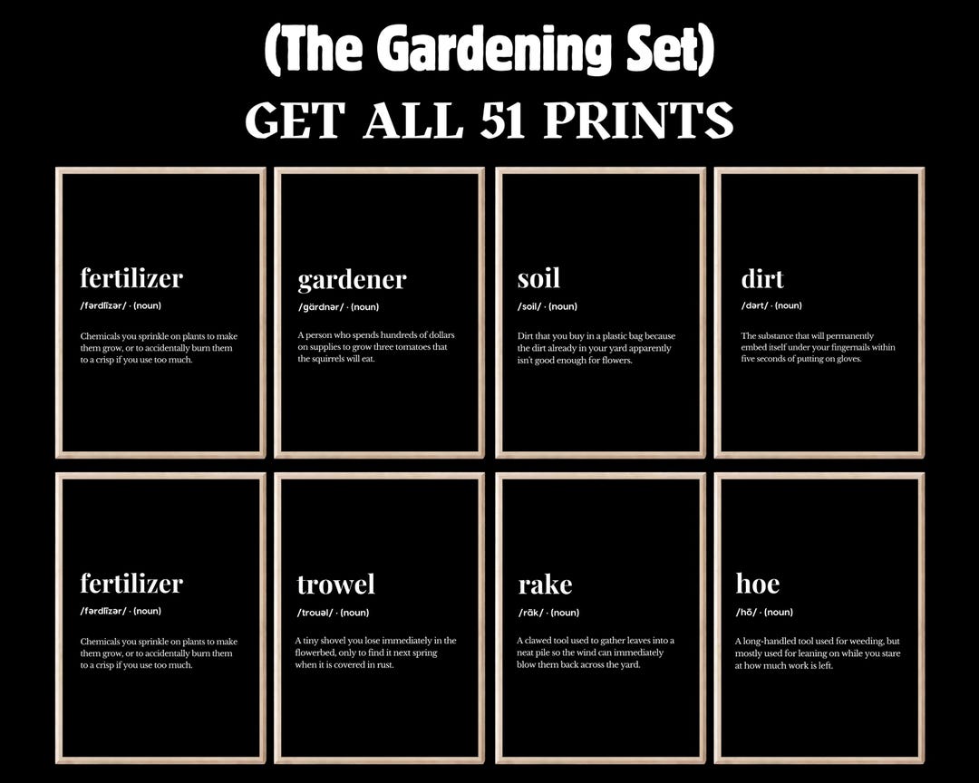 Gardening Definition Print Set, Funny Garden Wall Art, Plant Lover Gift ...