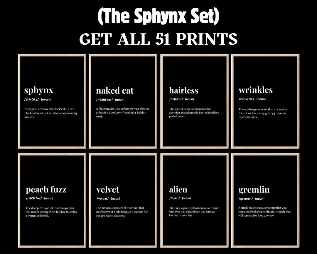Sphynx Cat Definition Print Set, Funny Cat Wall Art, Cat Lover Gift ...
