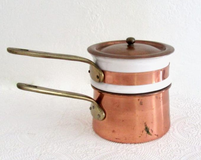 Copper and Porcelain Double Boiler, Vintage Copper Bain Marie, Water ...