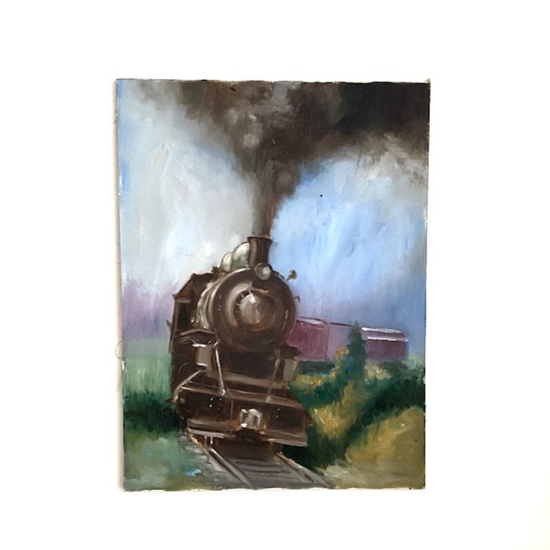 Vintage Locomotive Oil Painting, Original 24x18 Steam Train Artwork ...