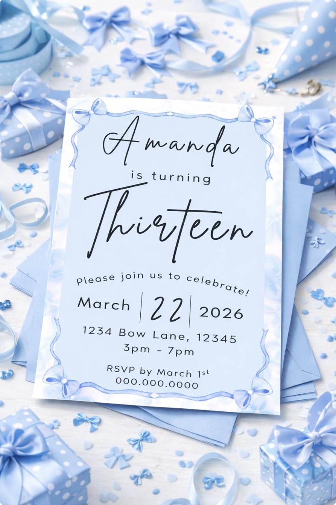 Editable Blue Bow Birthday Invitation - Etsy