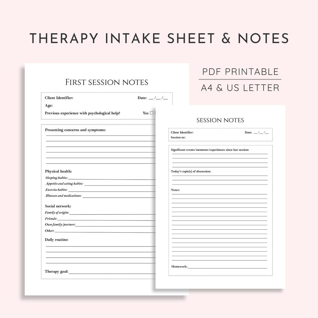 Therapy Intake Form and Session Notes | Therapist Note Template ...