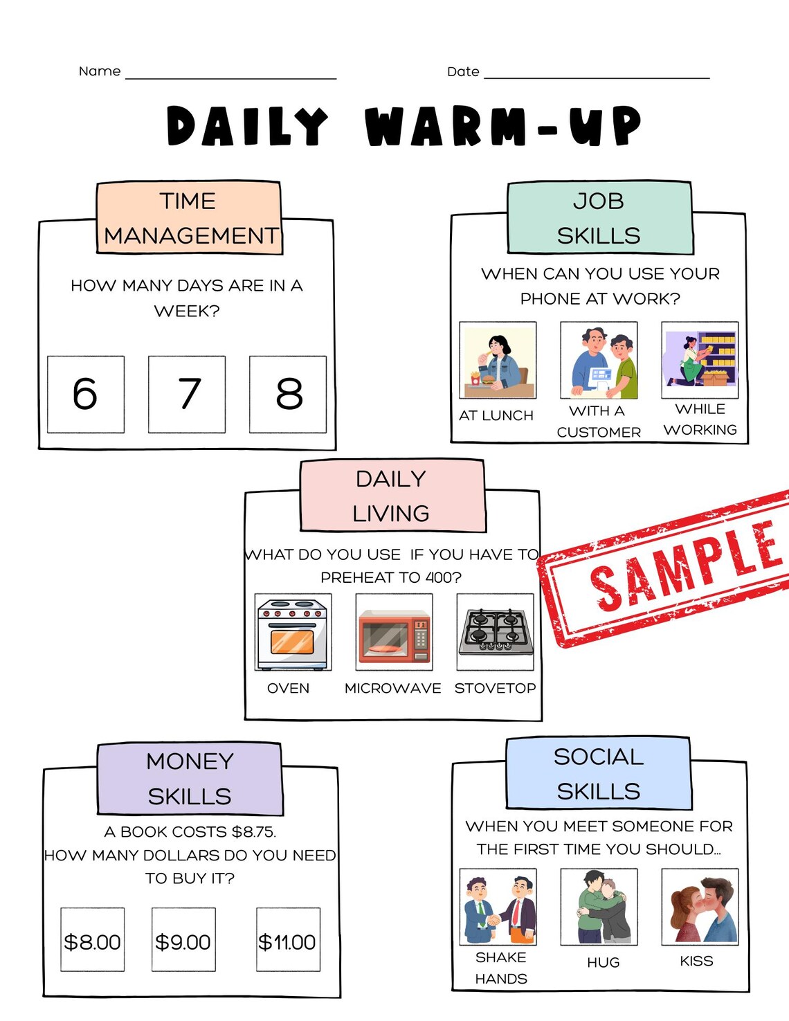 Functional Life Skills Daily Warm-up Worksheet & Corresponding ...