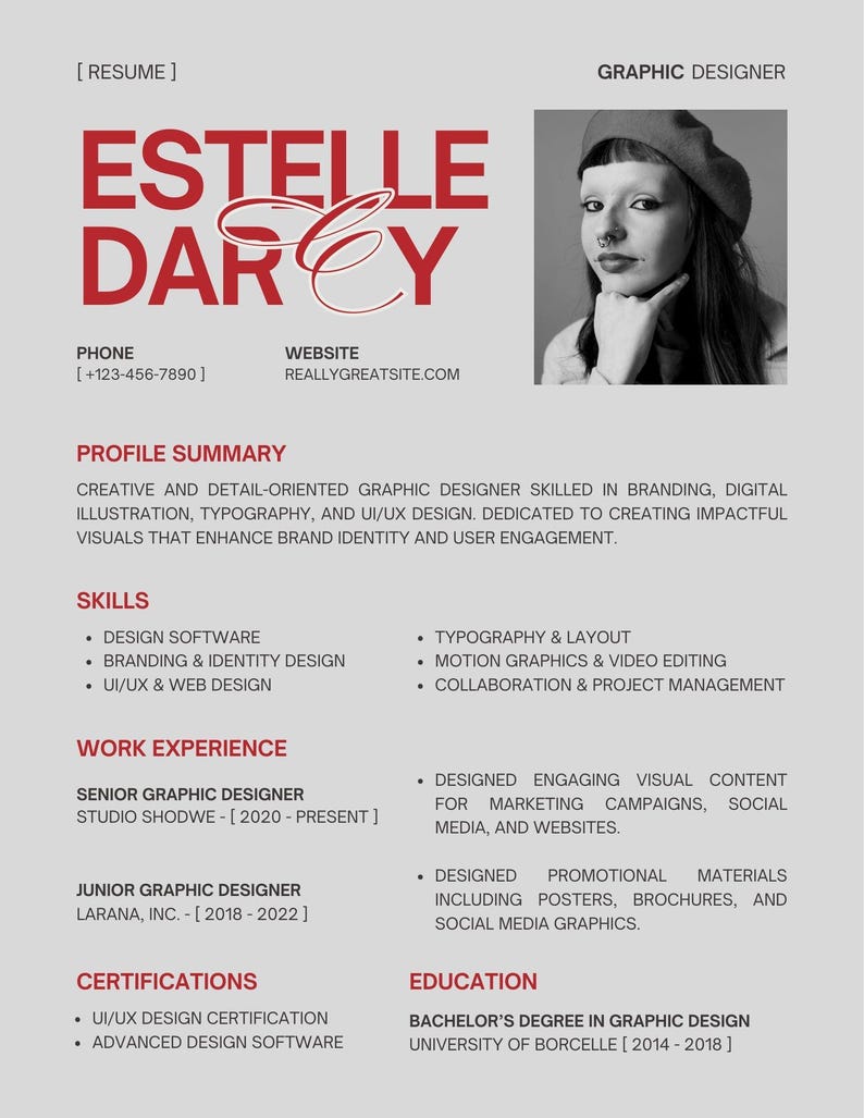 Bold Graphic Designer Resume Template | Red & Black CV - Etsy