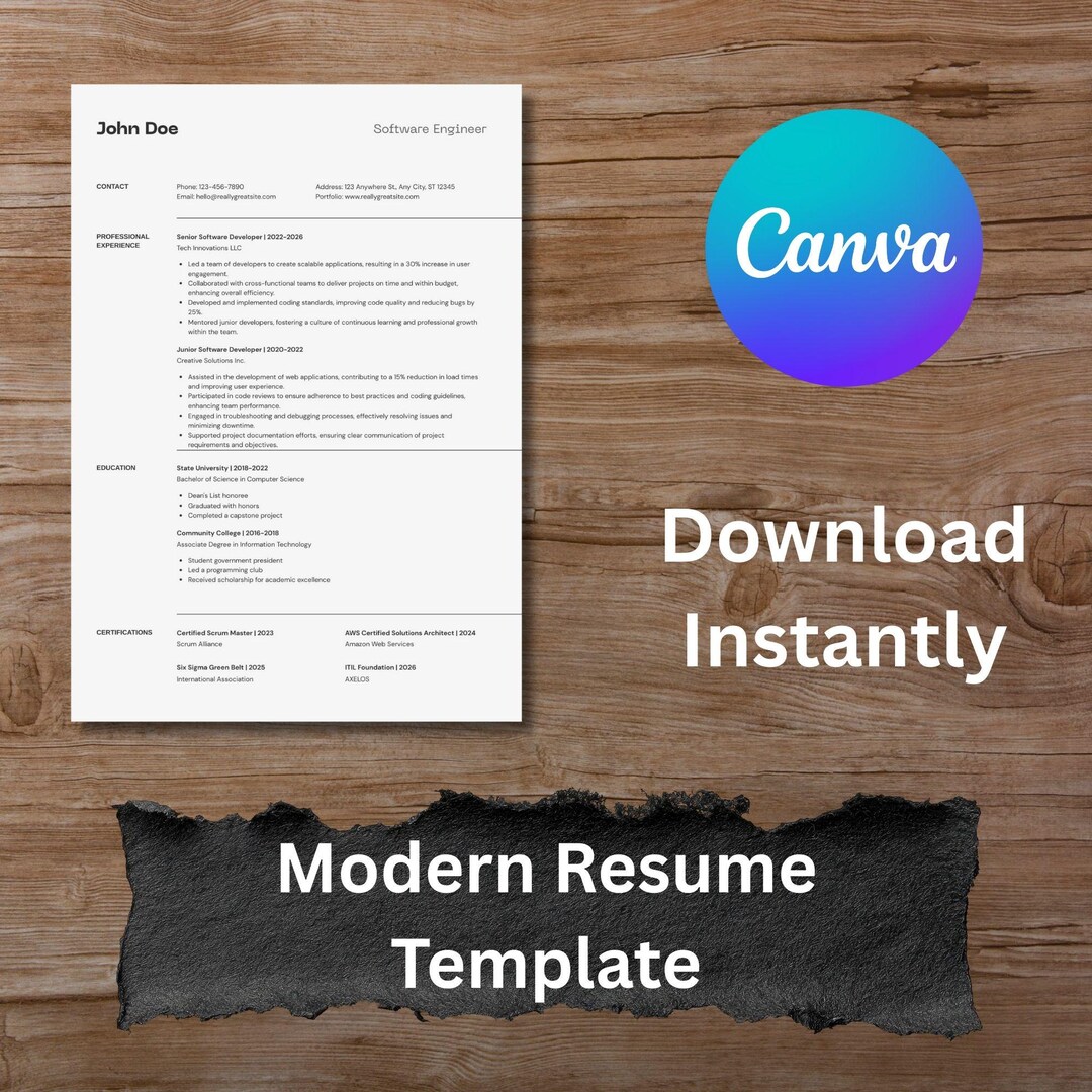 Professional Canva Resume Template Clean One Page Resume CV Modern Job ...