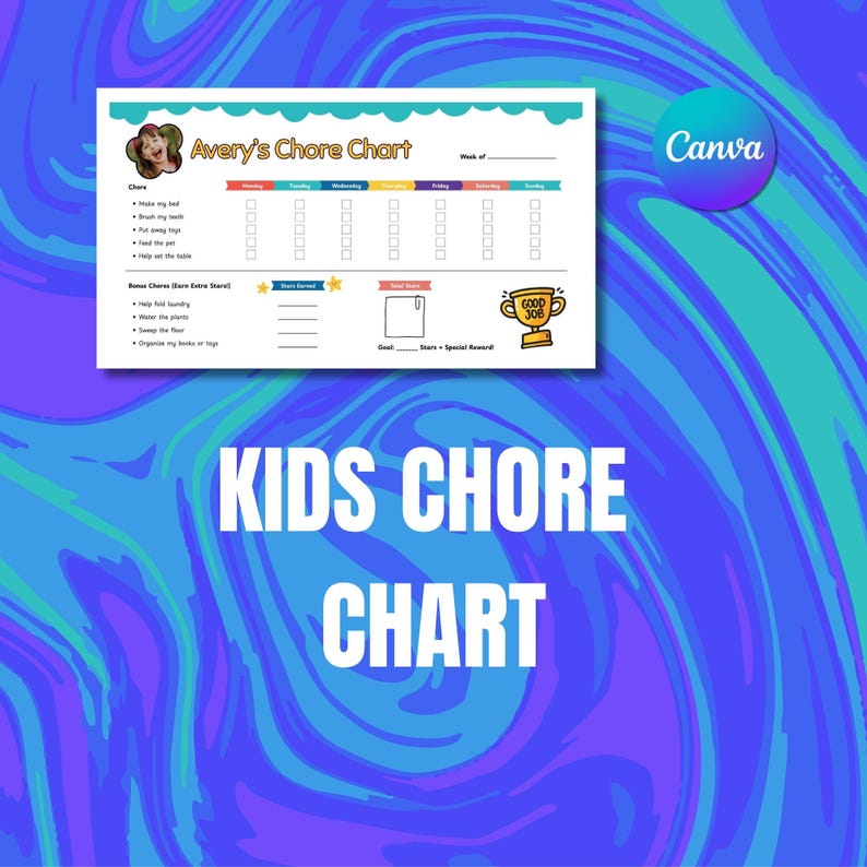 Editable Kids Chore Chart Canva Template | Printable Weekly Chore Chart ...