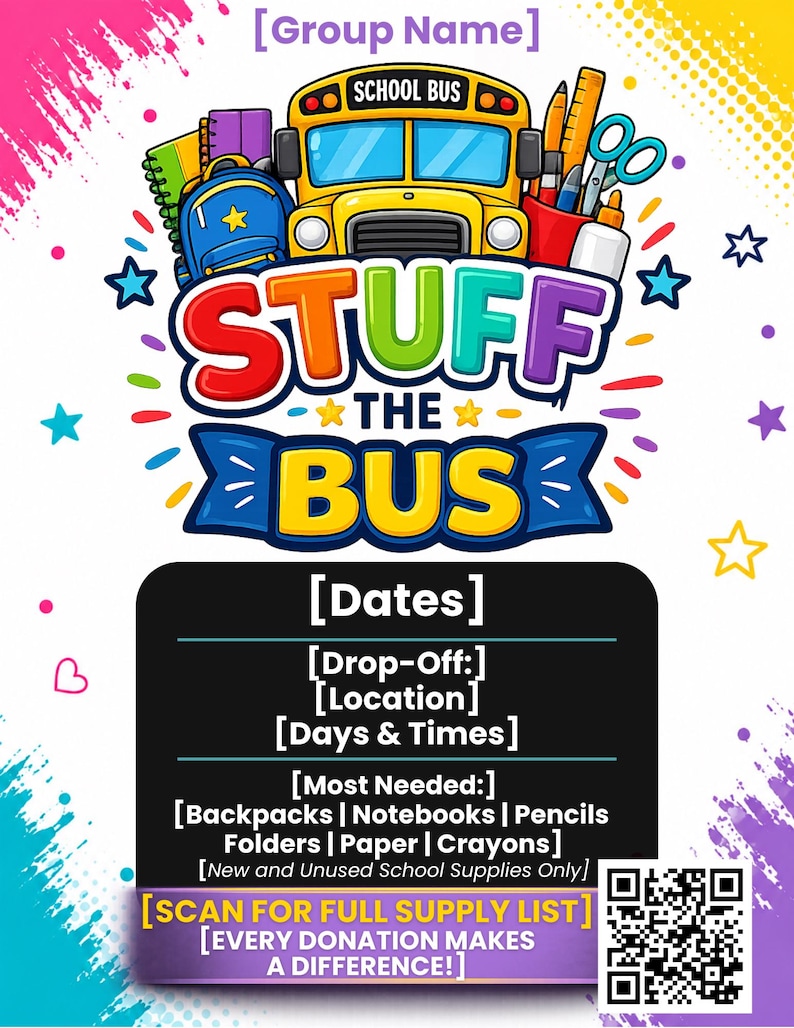 Stuff the Bus Flyer Template | Editable Canva School Supply Drive Flyer ...