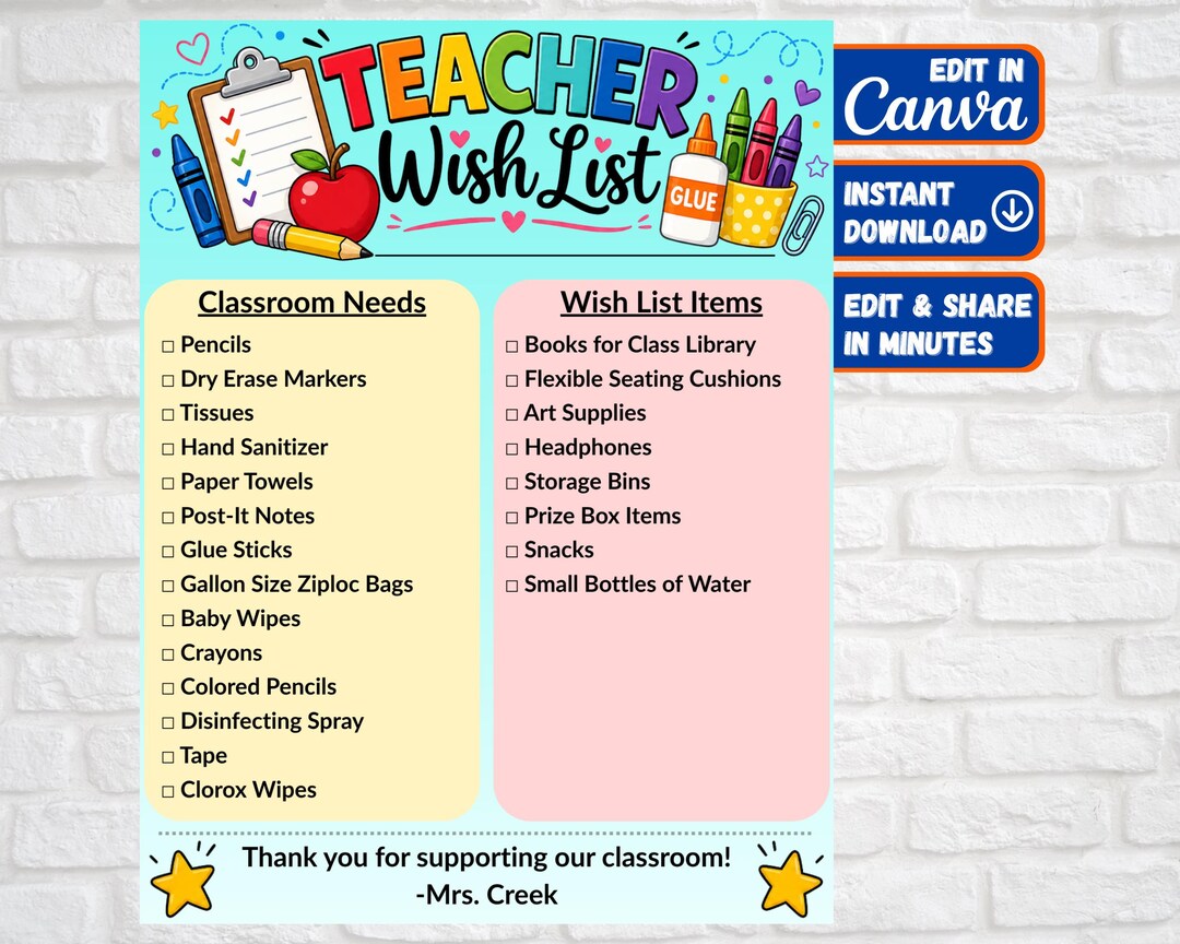 Teacher Wish List Template | Classroom Supply Wish List | Editable ...