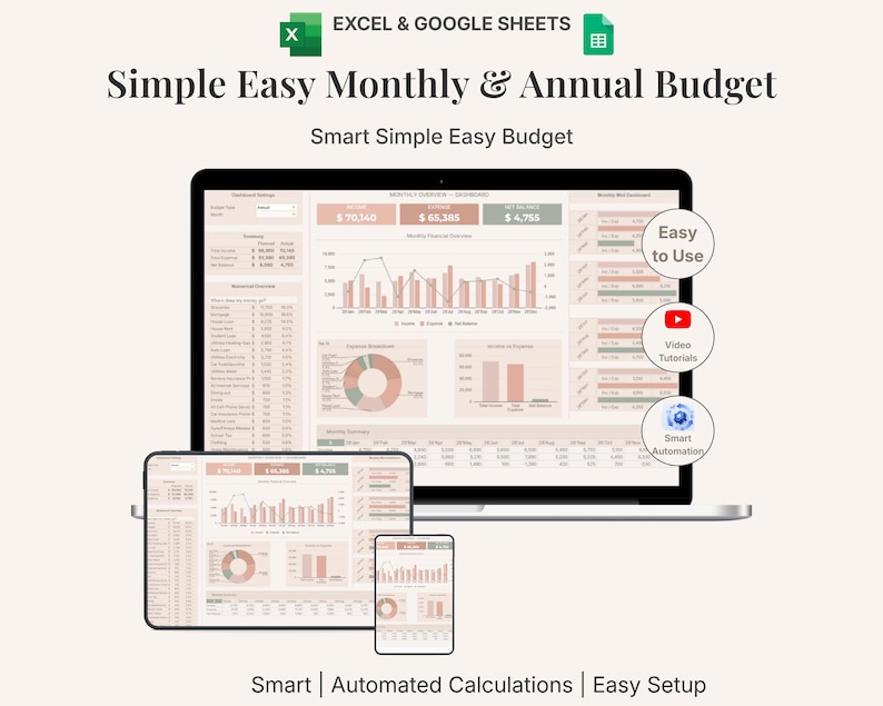 Simple Monthly Annual Budget Spreadsheet | Excel & Google Sheets ...