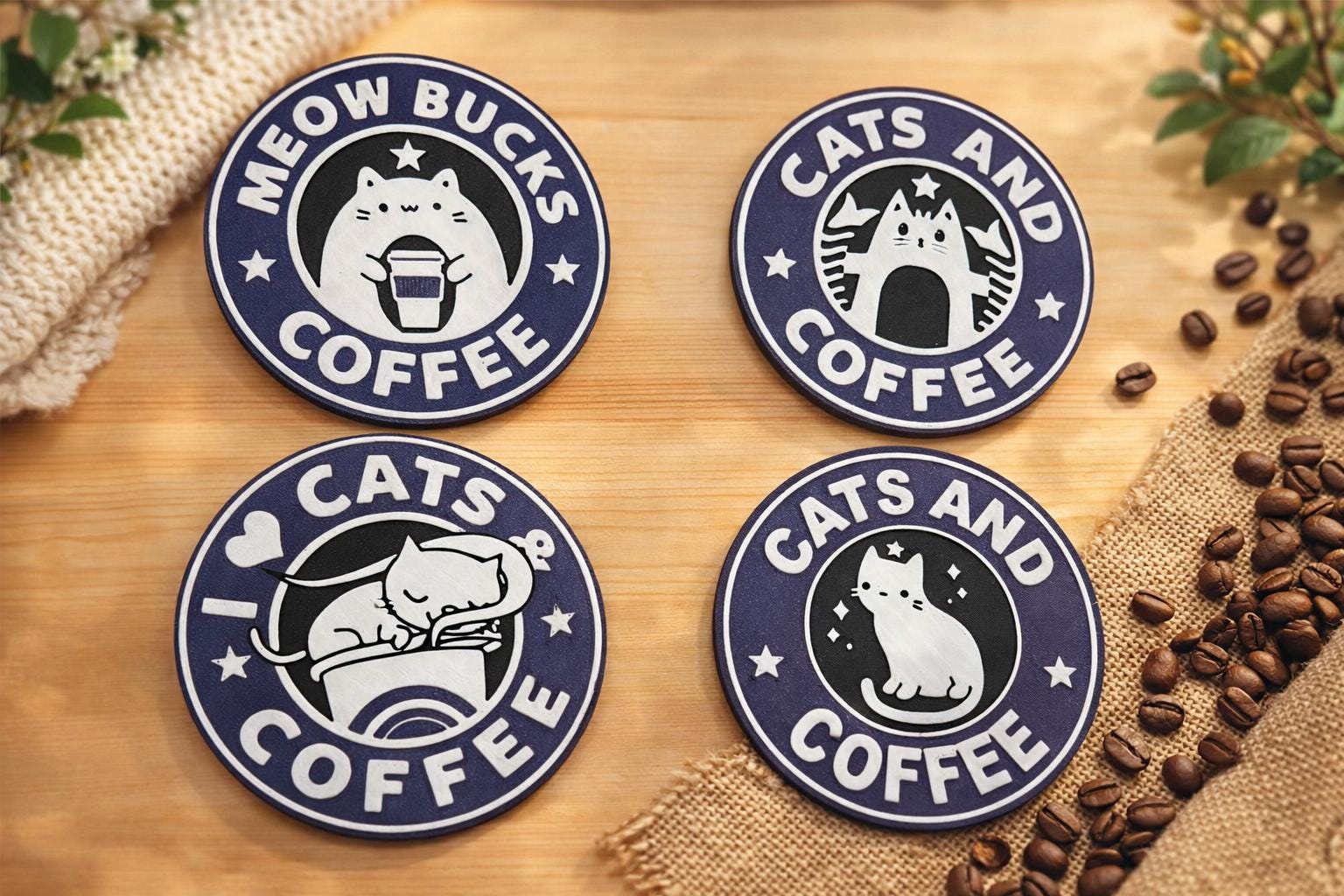 Cute Cats Cup Coasters Set - Etsy