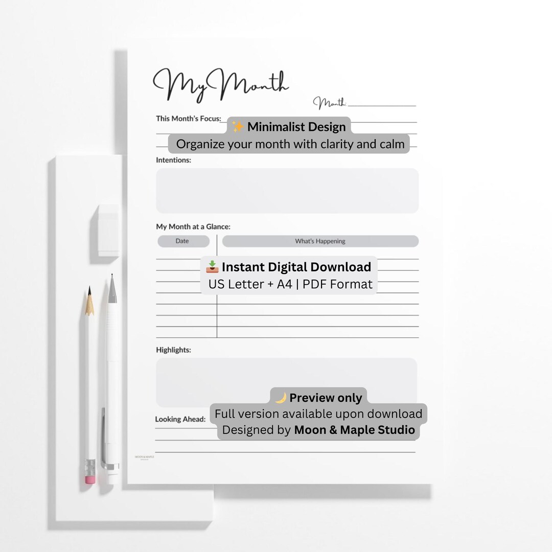My Month Planner (gray) - Monthly Planner Template – Minimalist Layout ...