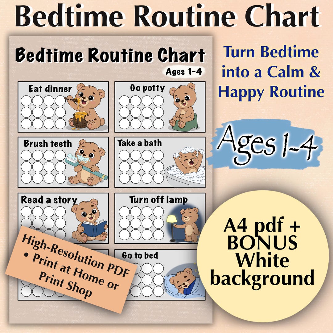 Bear Bedtime Routine Chart – Toddler Checklist, Ages 1-4 (PDF Download ...
