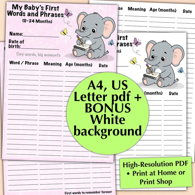 Elephant Baby First Words Memory Journal Printable | First Words ...