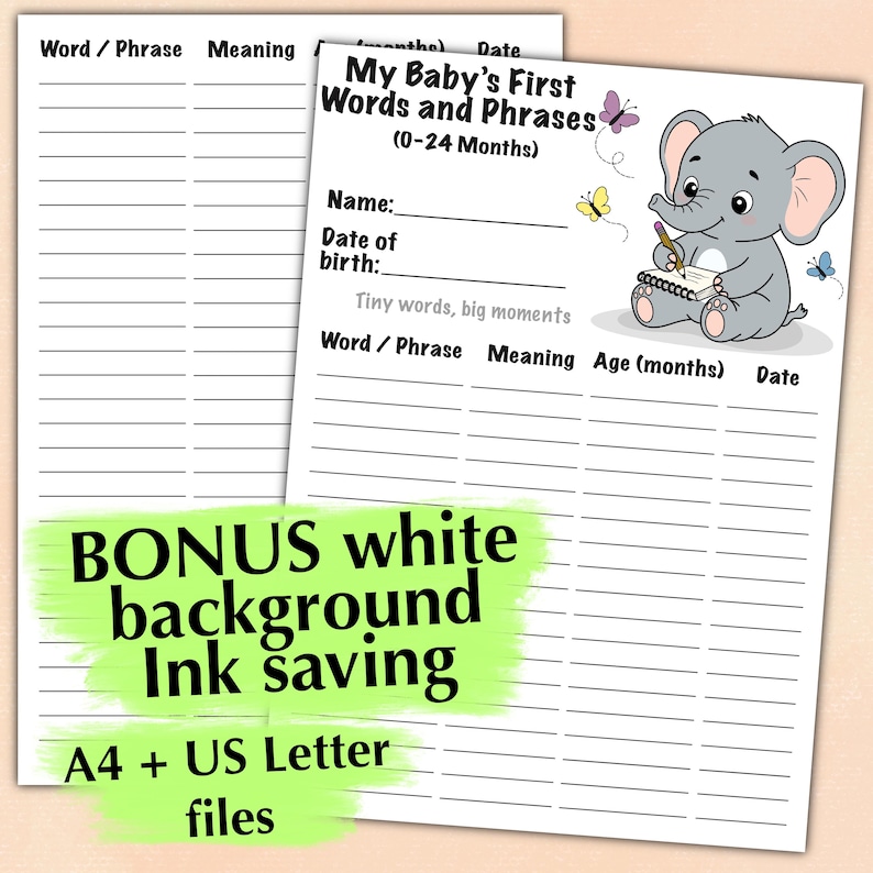 Elephant Baby First Words Memory Journal Printable | First Words ...