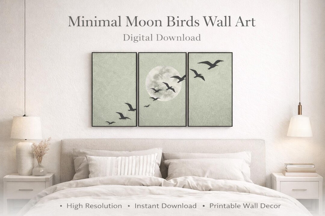 Sage Green Flying Birds Triptych, Japandi Moon Art (digital Download ...