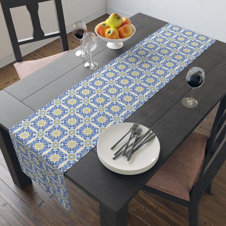 Blue Yellow Tile Talavera Pattern Table Runner | Ceramic Tile Inspired ...