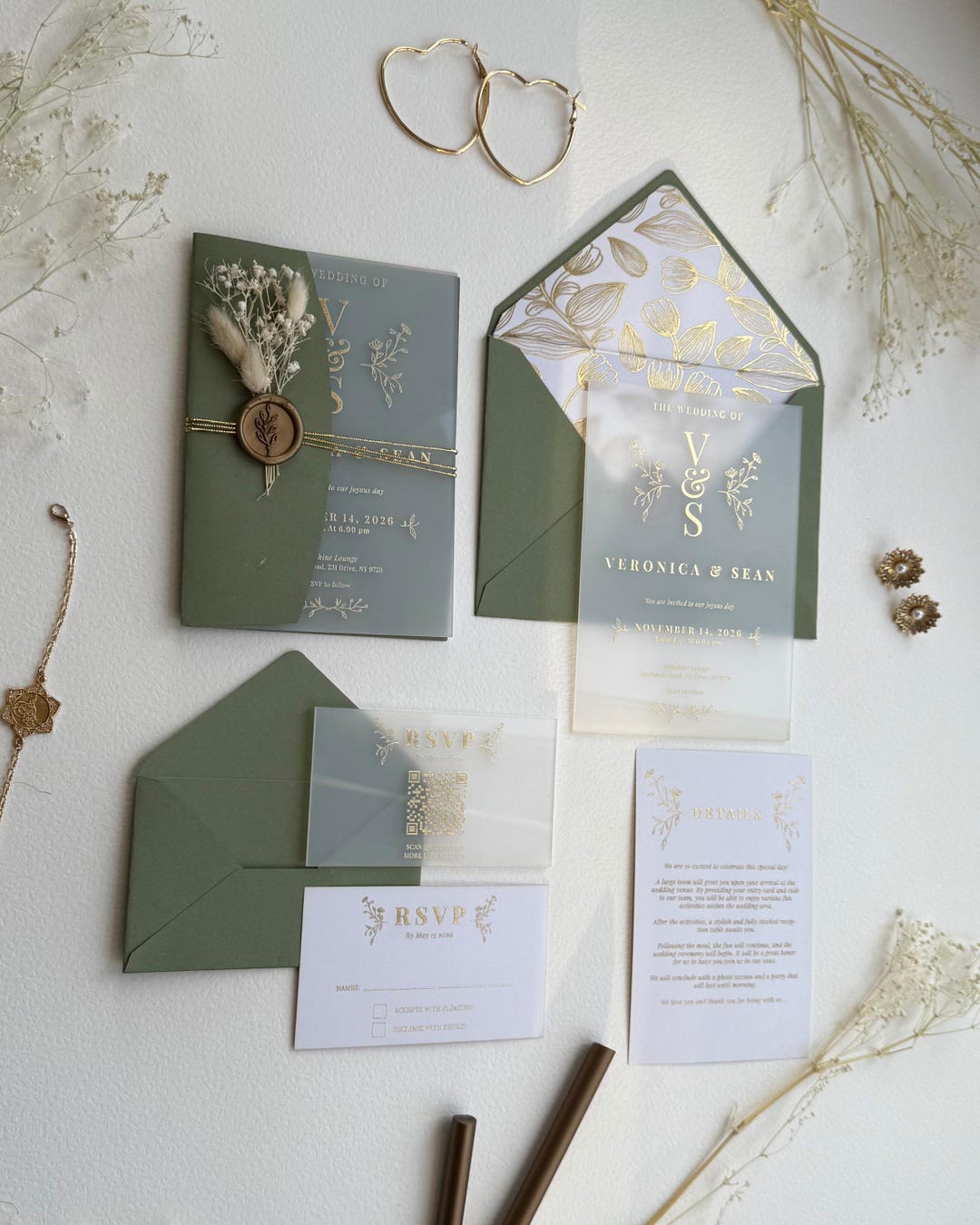Frosted Acrylic Wedding Invitation Suite : Elegant Botanical Design ...