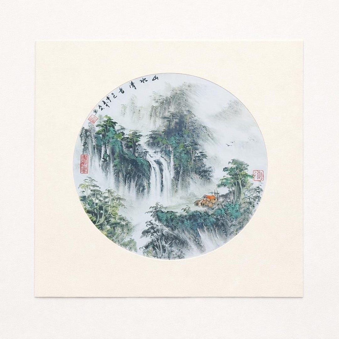 Original Chinese Ink Landscape Painting, Shan Shui Waterfall, Round ...