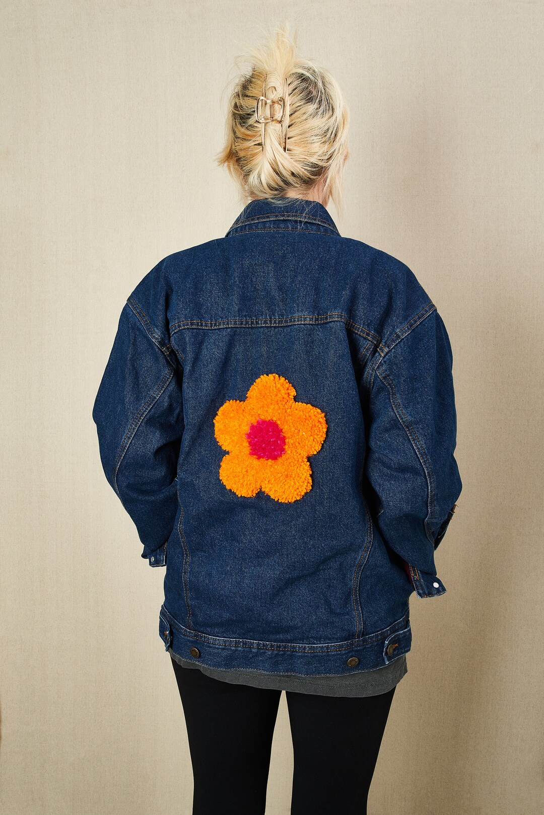 Flannel-lined Wrangler Denim Jacket With Orange Tufted Flower Fall ...
