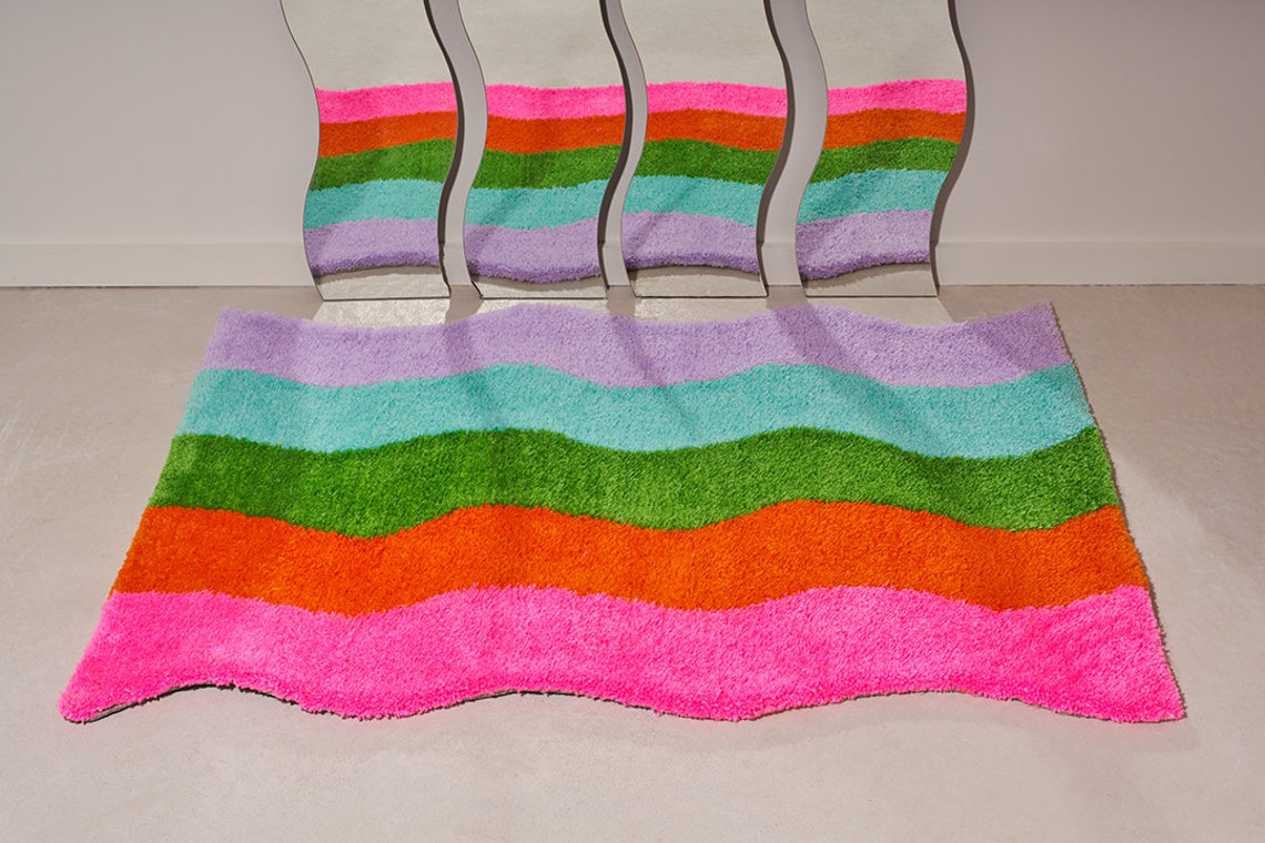 Handmade Tufted Area Rug in a Wavy Striped Rainbow Design. 70s - Etsy UK