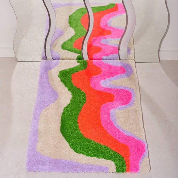 Handmade Tufted Rug in Wavy Pink Red Purple Green Rainbow - Etsy
