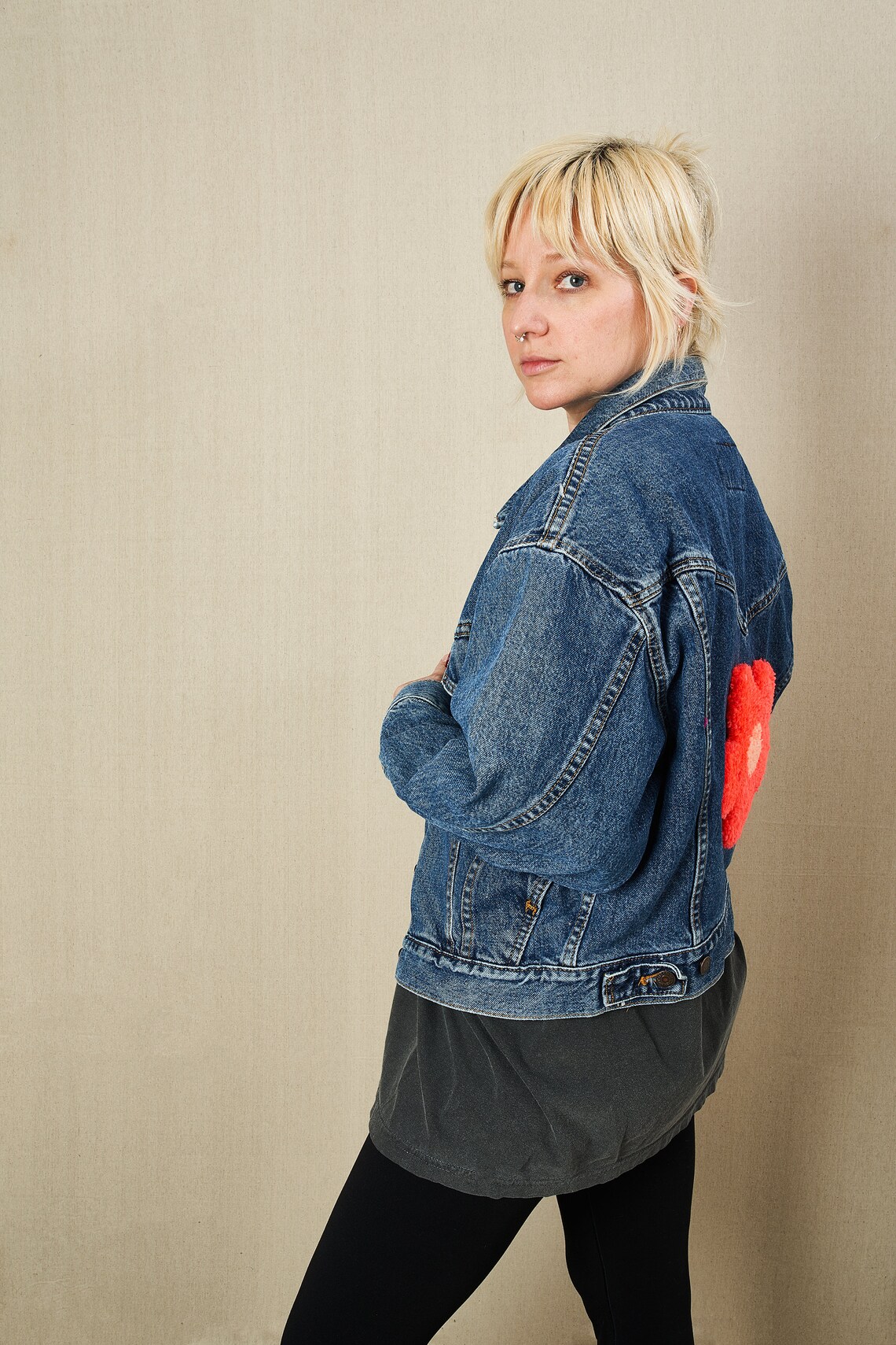Vintage Levi's Denim Jacket With Tufted Red Flower - Etsy