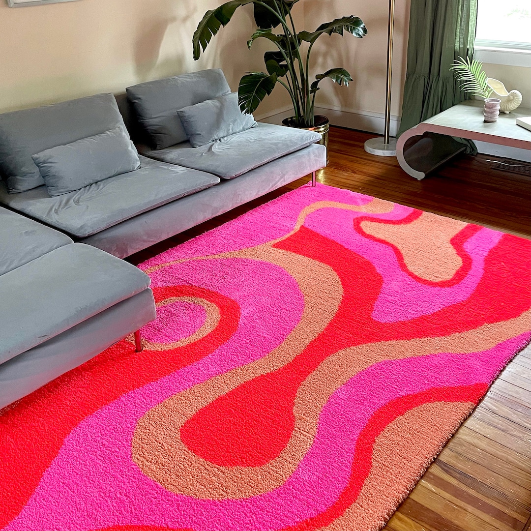 Hand Tufted Area Rug. Pink and Orange Swirl Design, Modern Art, Floor ...