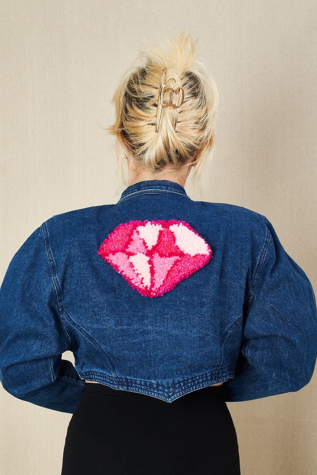 Vintage Cropped Denim Jacket With Pink Tufted Diamond - Etsy