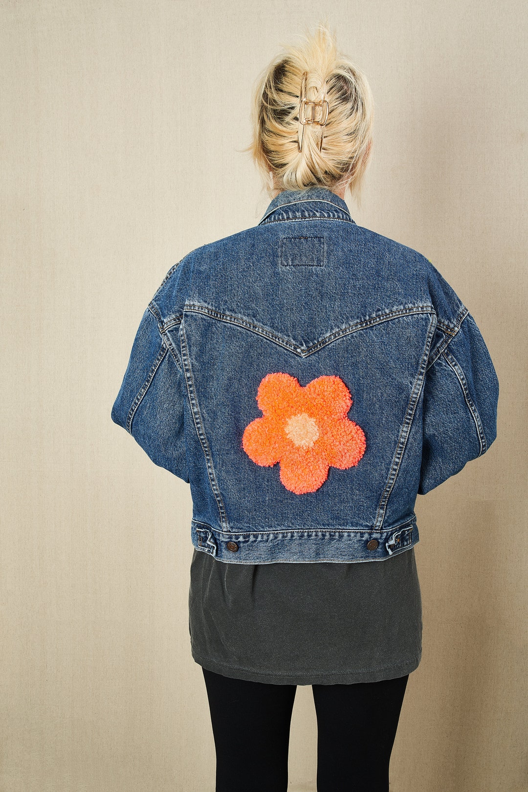 Vintage Levi's Denim Jacket With Tufted Red Flower - Etsy