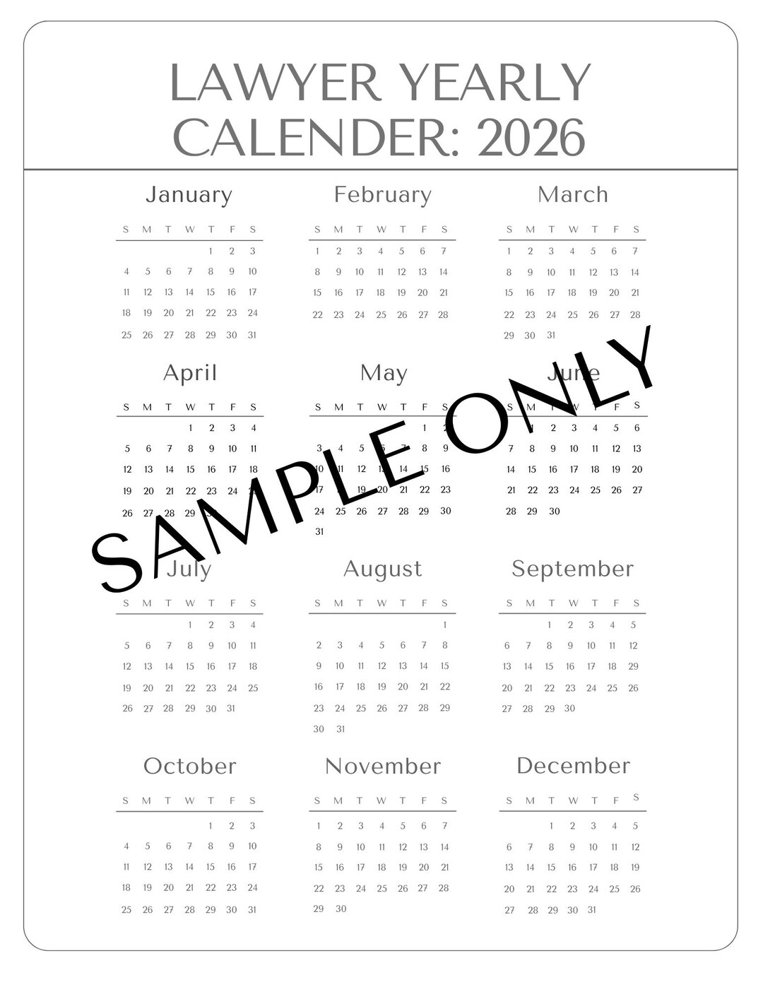 Lawyer Yearly Calendar | Legal Annual Planning Template| Solo & Small ...
