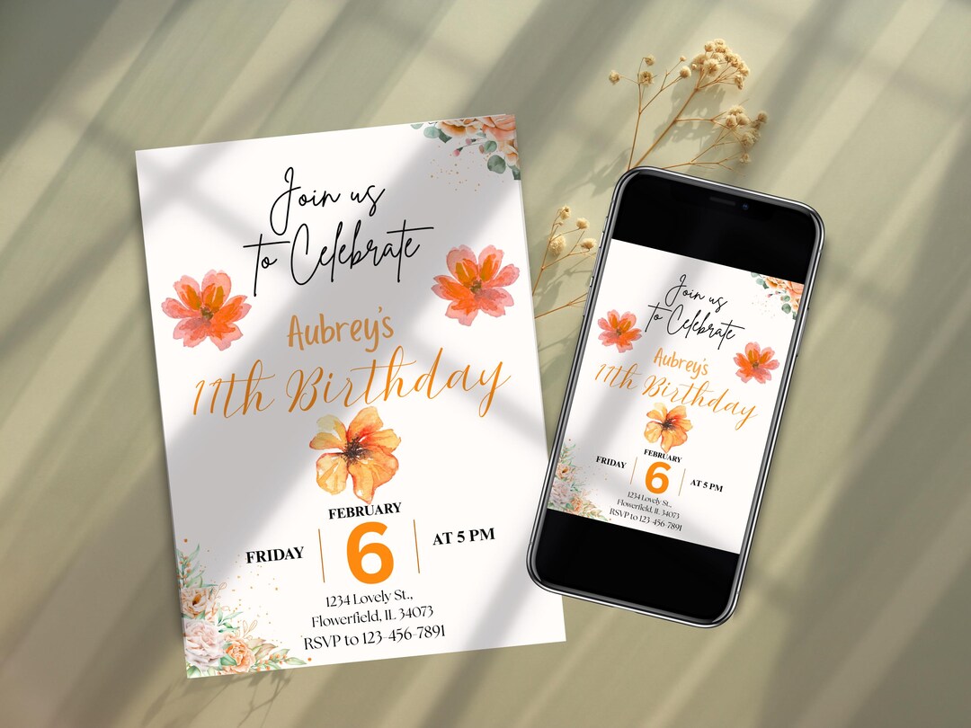 Orange Floral Birthday Invitation, Warm Invite for Celebration, Rich ...