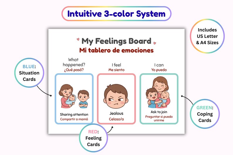 Bilingual Toddler Feelings Board, Kids Emotion Regulation Chart, Calm ...