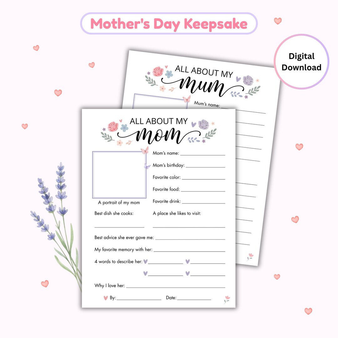 Mother's Day Questionnaire, All About My Mom Floral Printable, Kids ...